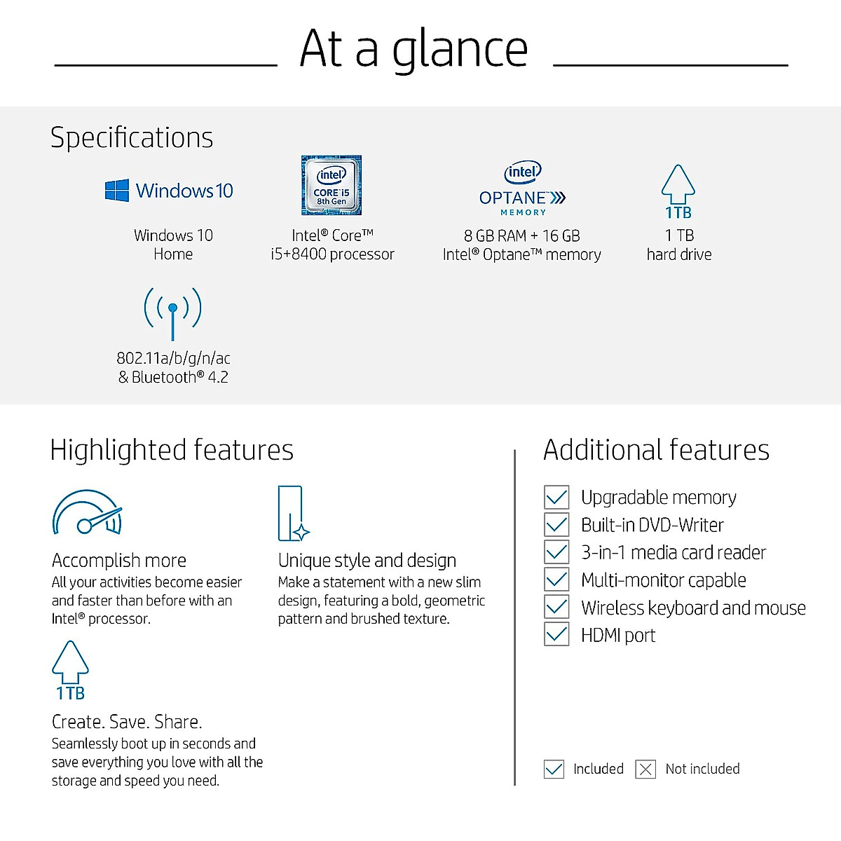HP Pavilion (590-p0050) Desktop Computer with Intel Core i5+8400 Processor, 8GB RAM and 16 GB Intel Optane Memory, 1TB Hard Drive, Windows 10 (Silver)