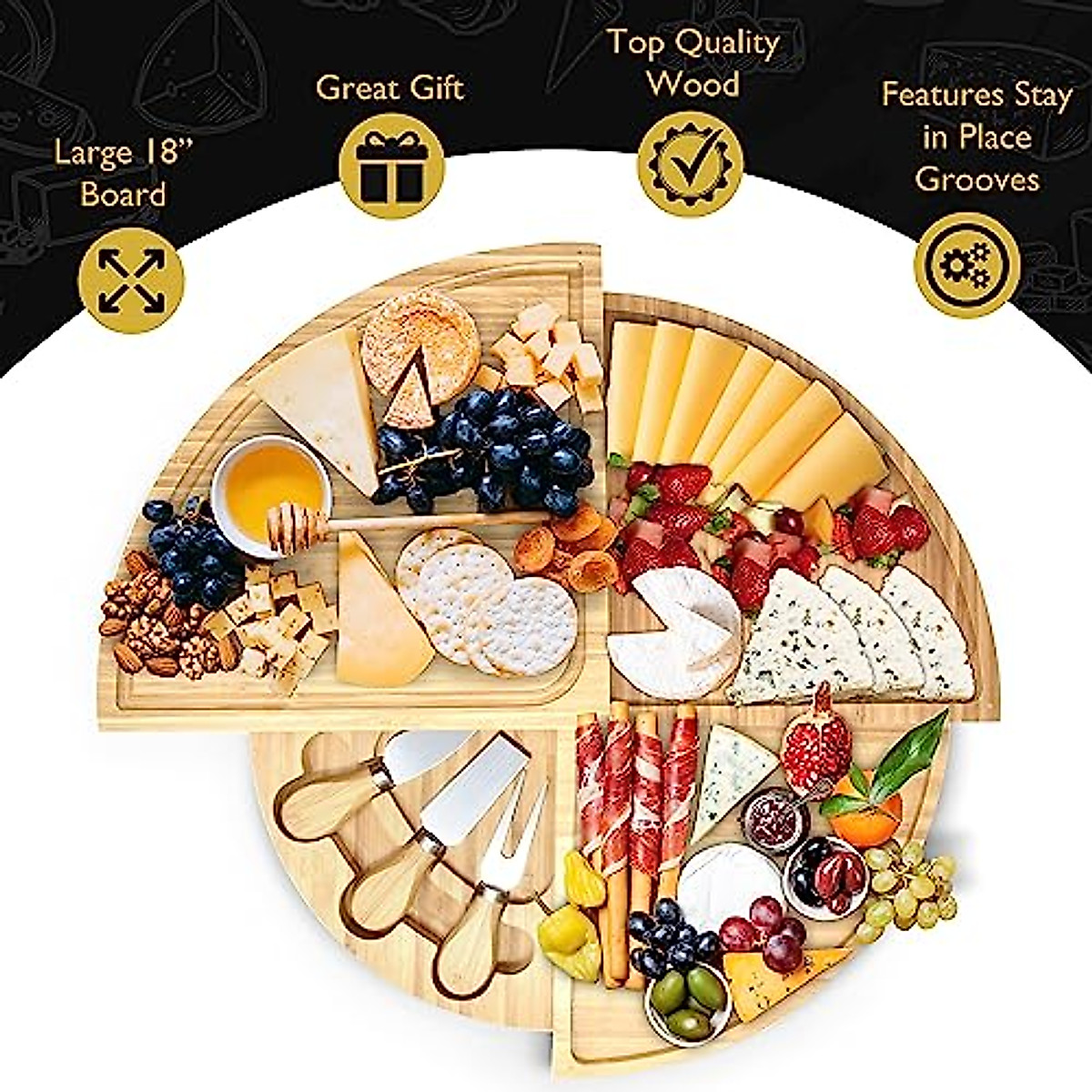 PERLLI Bamboo Cheese Board & Knife Set, Large Folding 18 Inch Round Wood Rotating Charcuterie Board Set Cheese Meat Wine Serving Tray Platter, Home Decor Holiday Gift Set