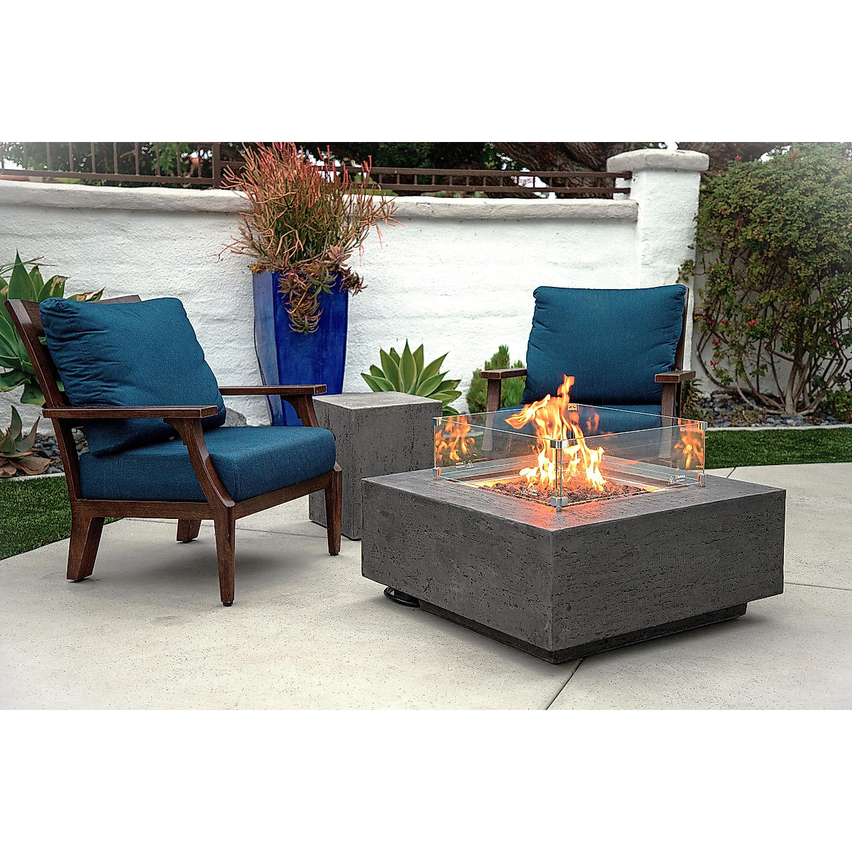 AMS Creations | Albany Square Natural Gas Outdoor Fire Pit Table | Concrete GFRC Fire Pit Table | with SS Burner, Canvas Cover, SS Lid, Lava Rock, and Wind Guard Included (Fuel Type: Natural Gas)
