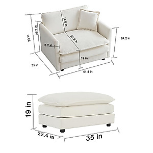 WILLIAMSPACE 41" Single Sofa Chair with Moveable Ottoman, Modern Upholstered Armchair with 1 Toss Pillow, Accent Chair for Living Room Deep Seat Reading Sofa for Bedroom, Chenille (Cream White)