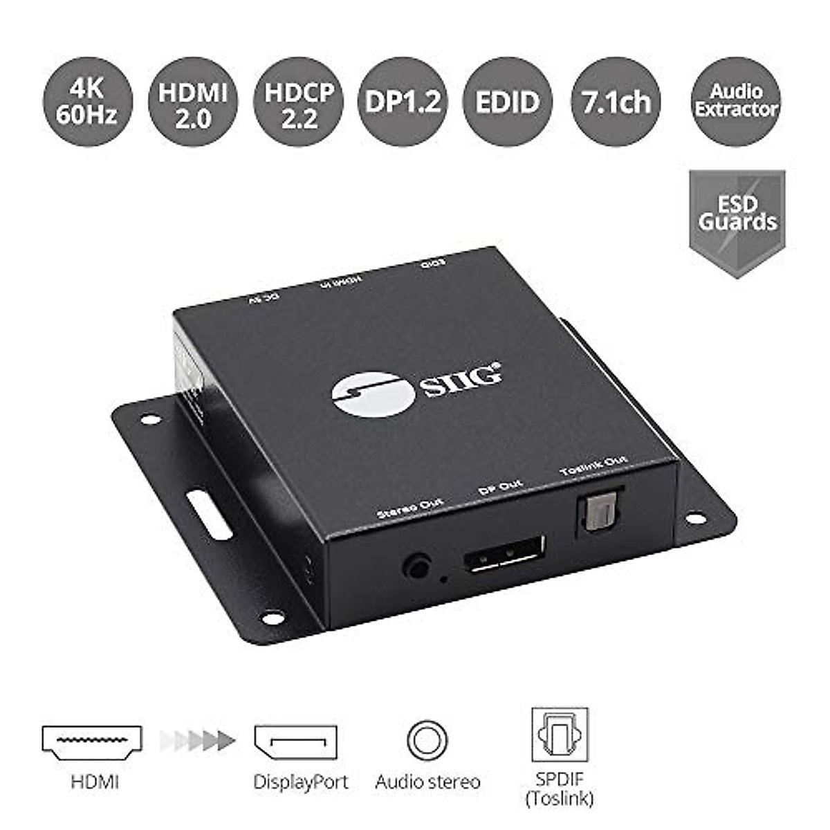 SIIG HDMI to DisplayPort Converter Adapter, One-Way HDMI 2.0 Source to DP 1.2 Display,4K60 & 1080p144Hz,HDCP 2.2,EDID,Audio Extract to Toslink/3.5mm,TAA Compliant,ESD Protection CE-H26A11-S1