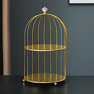 FTVOGUE Bird Cage Cosmetic Organizer,Cosmetic Rack Bird Cage Desktop Makeup Organizer Rack, Space Saving Iron Unique Makeup Display Rack for Home Bathroom, Gold (Double Layers)