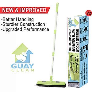 Guay Clean Rubber Push Broom Pet Hair Fur Removal Soft Bristle Sweeper for Carpet and Floor, Squeegee and Grommet for Pads and Towels -Telescopic Pole up to 50 Inches - Green