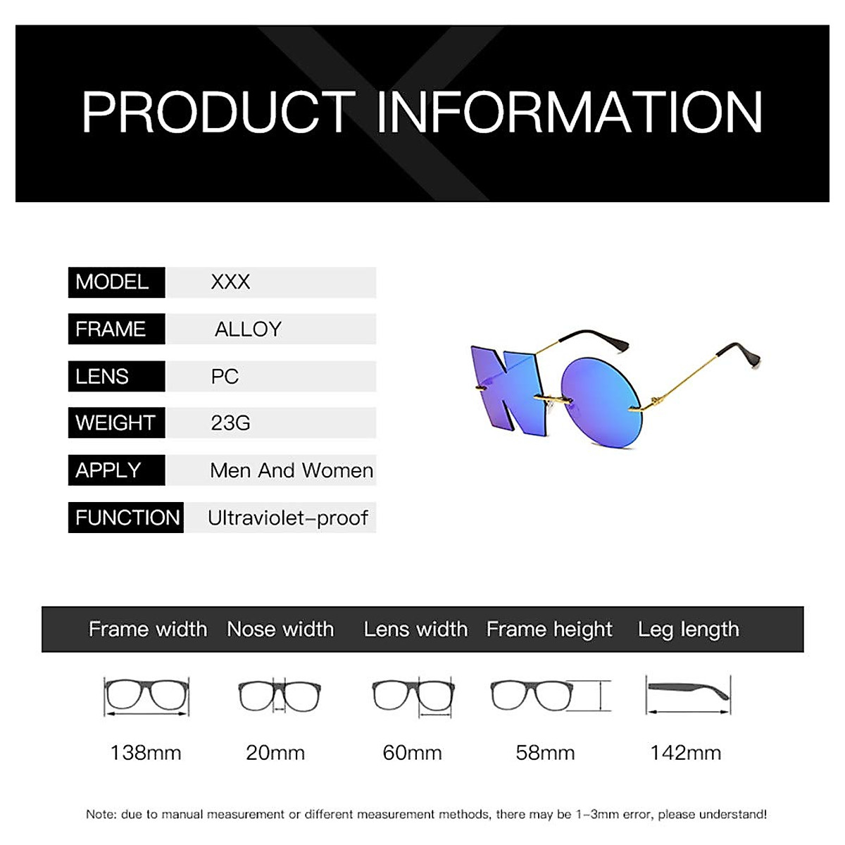 ENTHYI Letter NO Party Rimless Irregular Design Sunglasses For Men/Women UV400 Streetwear Eyewears (black)