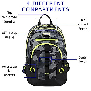 FUEL Dynamo Active Backpack, Fits Most Laptops up to 15", Front Access Pockets, Padded Lumbar, Comfortable, Adjustable Straps - Black/Gray Camo