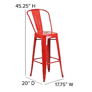 Flash Furniture Lily Commercial Grade 4 Pack 30" High Red Metal Indoor-Outdoor Barstool with Removable Back