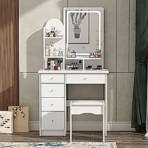 FUFU&GAGA Vanity Set with Mirror, Makeup Vanity Dressing Table with 5 Drawers, Shelves, Dresser Desk and Cushioned Stool Set (Lighted Mirror Vanity Set, 31.5" W x 15.7" D x 55.1" H)