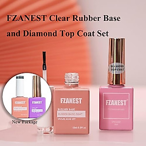 FZANEST Diamond Gel Top Coat and Clear Rubber Base Gel Polish For Nails Set,Builder Base Gel In A Bottle and No Wipe Top Coat Nail Polish Kit,Long Lasting Base Coat Ultra Shine Finish UV LED Soak Off