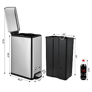 Arlopu 13.2 Gal Slim Kitchen Trash Can with Lid, 50L Stainless Steel Garbage Can, Large Kitchen Rubbish Can, Step Trash Bin w/Foot Pedal and Inner Bucket, Bathroom Trash Can Airtight,Silver