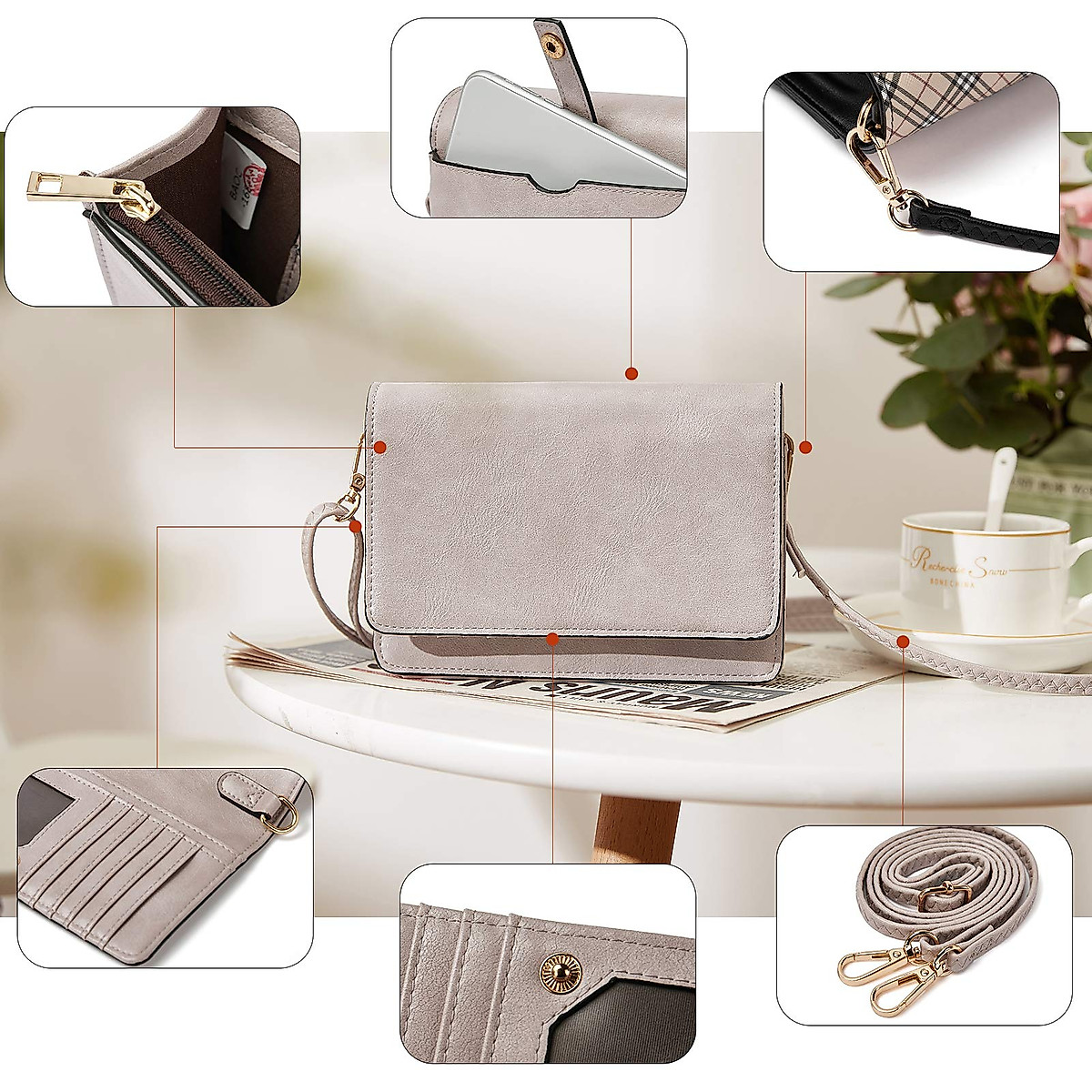 BROMEN Small Crossbody Bags for Women Cell Phone Purse Wristlet Wallet Clutch Purse Grey