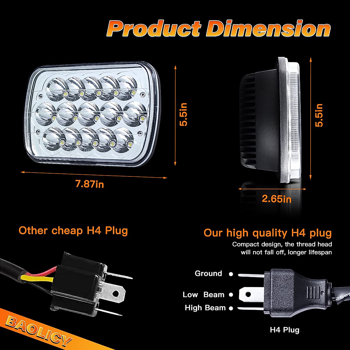 BAOLICY 5x7 H6054 LED Headlights DOT Approved 7x6 Hi/Low Sealed Beam H5054 H6052 6053 Rectangular Head Lights 2PCS 45W for xj yj Chevy S10 Blazer Ford Probe Off-Road Truck VAN SUV