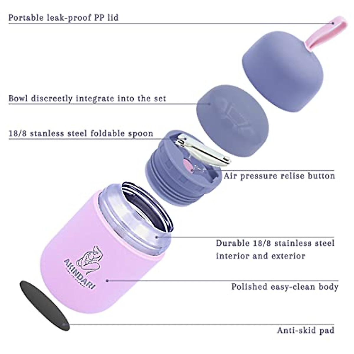 AKINDARI Thermos food jar 18 Oz for salad, soup or as lunch box for kids, Stainless Steel insulated keep food perfectly warm