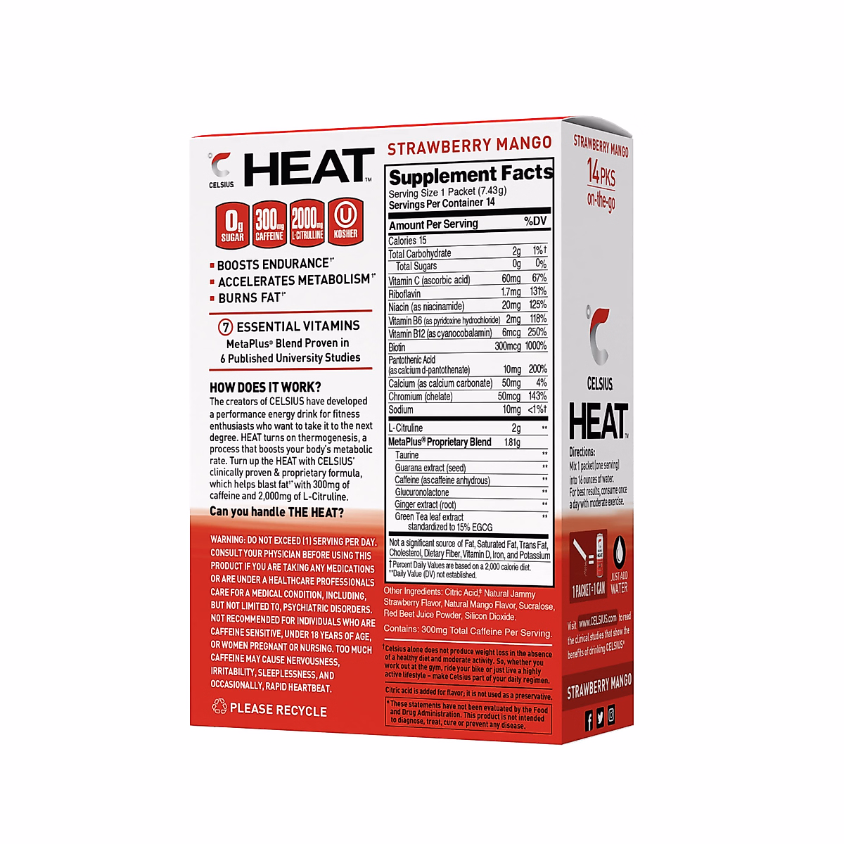 CELSIUS FGSS1312 HEAT On-the-Go Performance Energy Powder Stick Packets, Strawberry Mango (Pack of 14)