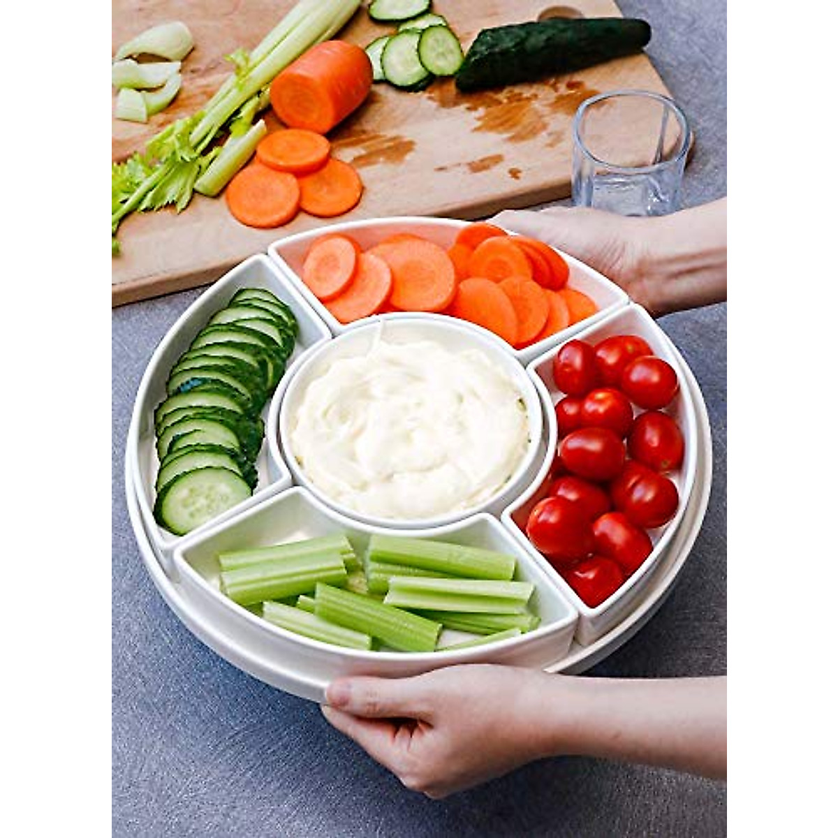 Sweese 707.001 Porcelain Divided Serving Dishes, Relish Tray, Serving Bowls for Parties - Perfect for Chips and Dip, Veggies, Candy and Snacks, White