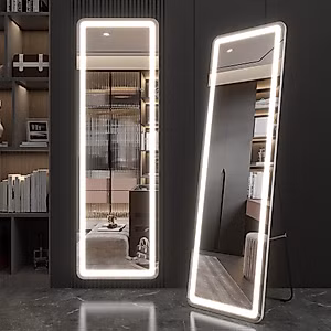 LVZORY 63"x20" Full Length Floor Mirror Dimming Lights Bedroom Tall Full-Size Body Lighted Free Standing Wall Mounted Hanging Dressing Mirror Touch Control (White 20"),