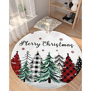 Buffalo Plaid Tree Fluffy Round Area Rug Carpets 3.3ft, Plush Shaggy Carpet Soft Circular Rugs, Non-Slip Fuzzy Accent Floor Mat for Living Room Bedroom Nursery Decor Christmas Red Green Black Dots