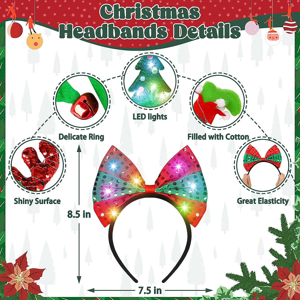 HOVACY Christmas 6 PCS LED Light Up Headband, Reindeer Antler Santa Hat Christmas Tree Leprechaun Hat Bow Hair Hoop for Xmas Holiday Party Favors Adults Kids