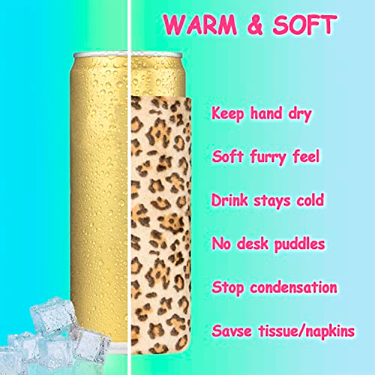 BAGnoREGio Faux Fur Neoprene Beverage Slim Can Insulated, 6-Pack Soft Fuzzy Plush Tall Skinny Cans Sleeves with 1PC Skeleton Key Bottle Opener (Leopard)