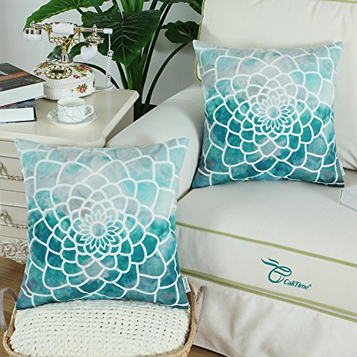 Pack of 2 CaliTime Cozy Fleece Throw Pillow Cases Covers for Couch Bed Sofa Manual Hand Painted Print Colorful Dahlia Compass 20 X 20 Inches Teal