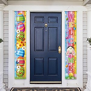Funnytree Happy Easter Day Porch Sign Colorful Eggs Bunny Welcome Yard Banner Polyester Home House Garden Door Rabbit Wall Hanging Decorations Windproof Backdrop Party Supplies 11.8" x 70.9" 2PCS