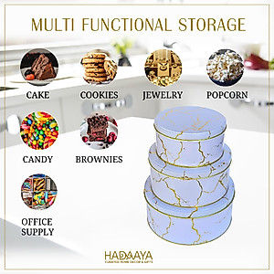 Pack of 3 Stackable Round Metal Tin Containers with Lids – Multipurpose Tins for Cookies, Candies, Kitchen Essentials & More | Thoughtful Gift for Women's / Mother's Day – Elegant White Gold Design