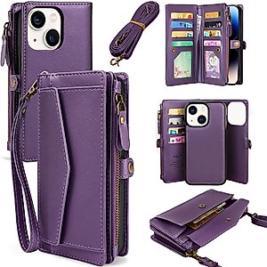 DKDKSIP for iPhone 15 Plus Wallet Case for Women, Support Wireless Charging with RFID Blocking Card Holder, PU Leather Zipper Wallet Detachable Magnetic Phone Case with Crossbody Strap, Purple