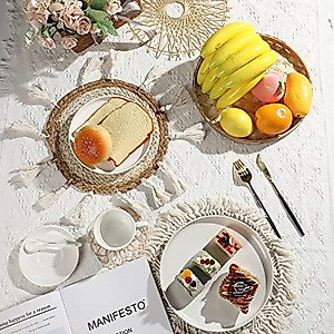 Set of 4 Boho Wall Basket Decor Boho Wall Hanging Decor Rattan Macrame Decor Flat Round Wicker Woven Macrame Tassels Tapestry Bamboo Wall Basket Handmade Serving Tray Art for Room Bedroom Living Room