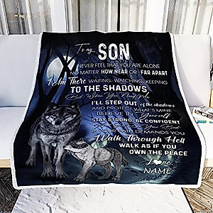 CenturyTee personalize to My Son from Mom Blanket Never Feel You are Alone Wolf Moon Night Dark Forest Family Love Son Birthday Christmas custom Fleece Blanket (60x80in - Adult Size),Multicolour,170