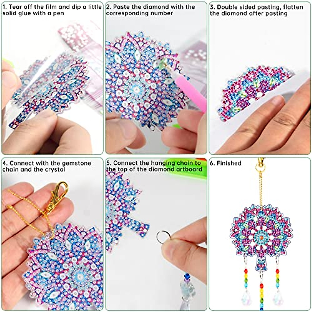 6 Pcs Diamond Painting Suncatcher, Double Sided 3D Diamond Painting Wind Chime Paint by Number, Diamond Painting Hanging Ornaments for Adults Kids Home Garden
