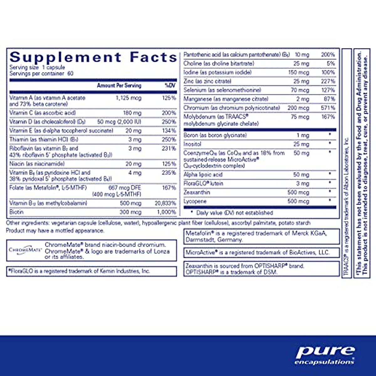 Pure Encapsulations O.N.E. Multivitamin | Once Daily Multivitamin with Antioxidant Complex Metafolin, CoQ10, and Lutein to Support Vision, Cognitive Function, and Cellular Health* | 60 Capsules