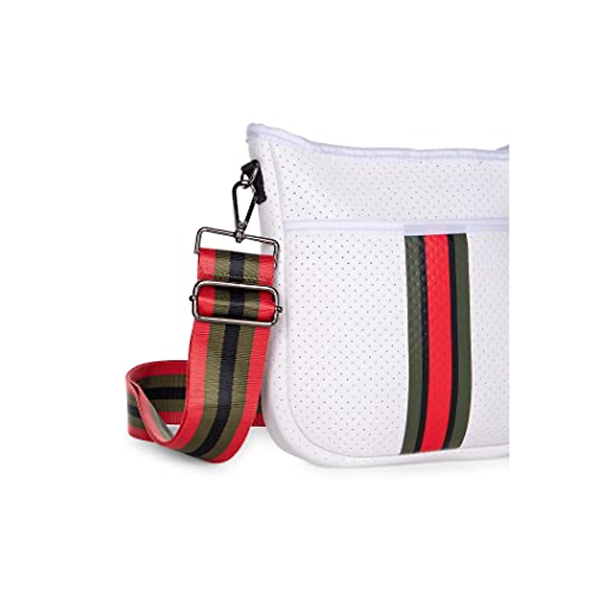 Haute Shore - Jeri Trento Crossbody Tote, White Coated W/Red, Black, & Green Stripe