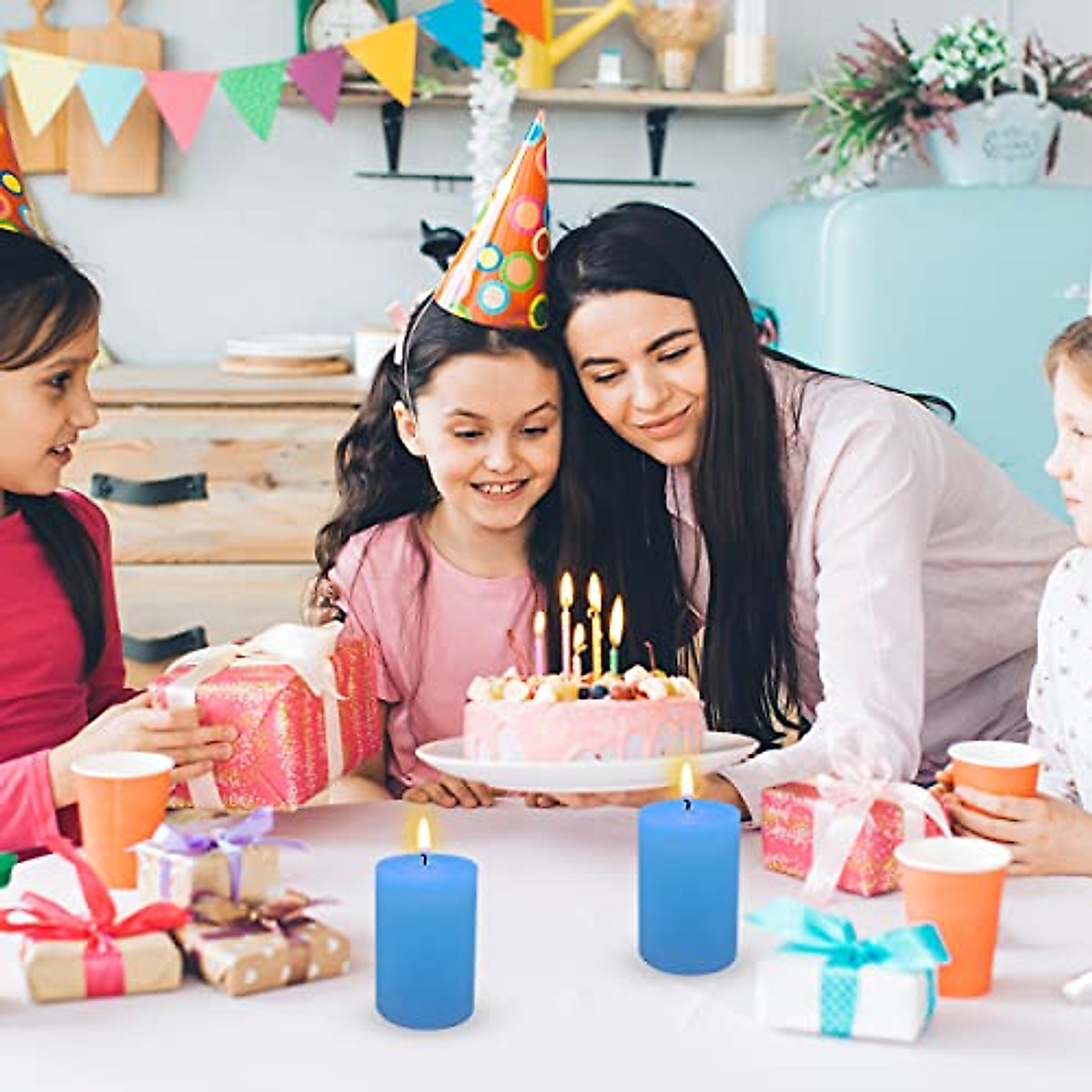 MISSYO 12 Pack 2x3 Inch Light-Blue Pillar Candles, 24 Hours Dripless Smokeless Unscented Candles for Home Weddings Restaurant Spa Church