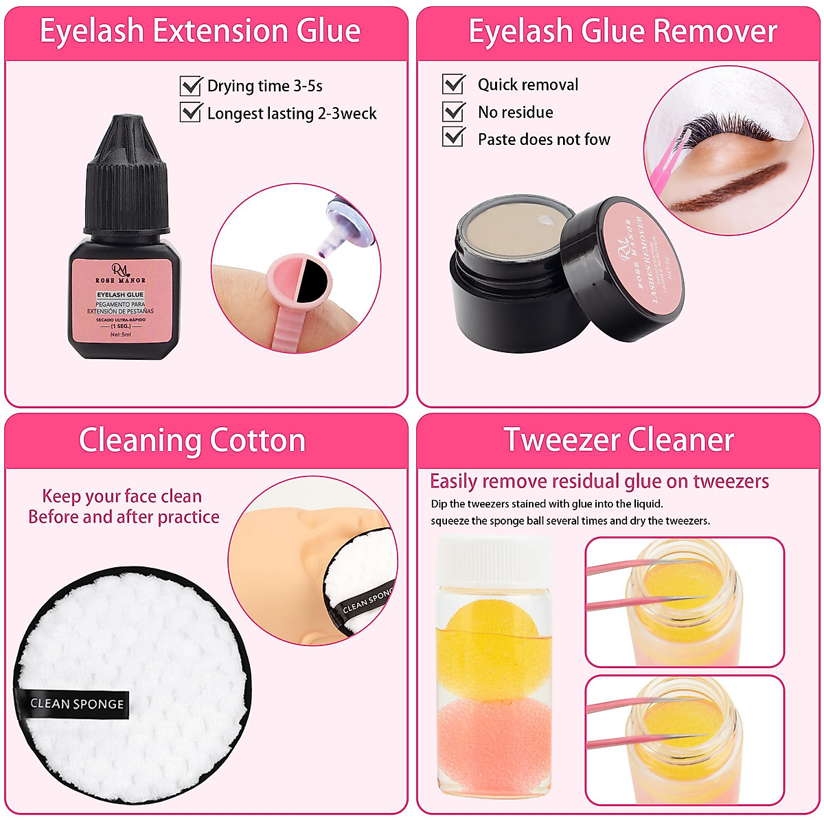Rose Manor Lash Eyelash Extension Kit, Lash Kit for Eyelash Extension Beginners, with Mannequin Head, Individual Lash Glue, Eyelash Remover, Fan, Lash Extension Supplies Tools for Practice Training
