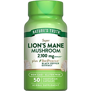 Lions Mane Mushroom Supplement | 2100mg | 50 Capsules | Plus BioPerine | Vegetarian, Non GMO & Gluten Free | by Nature's Truth