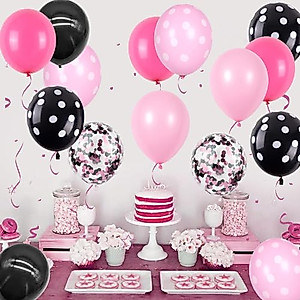 Black Pink Balloons, 60 Pack 12Inch Hot Pink Black White Party Balloons with Polka Dot balloon Confetti Balloons, Black Pink Latex Balloons for Girls Mouse Theme Birthday Party Baby Shower Decoration
