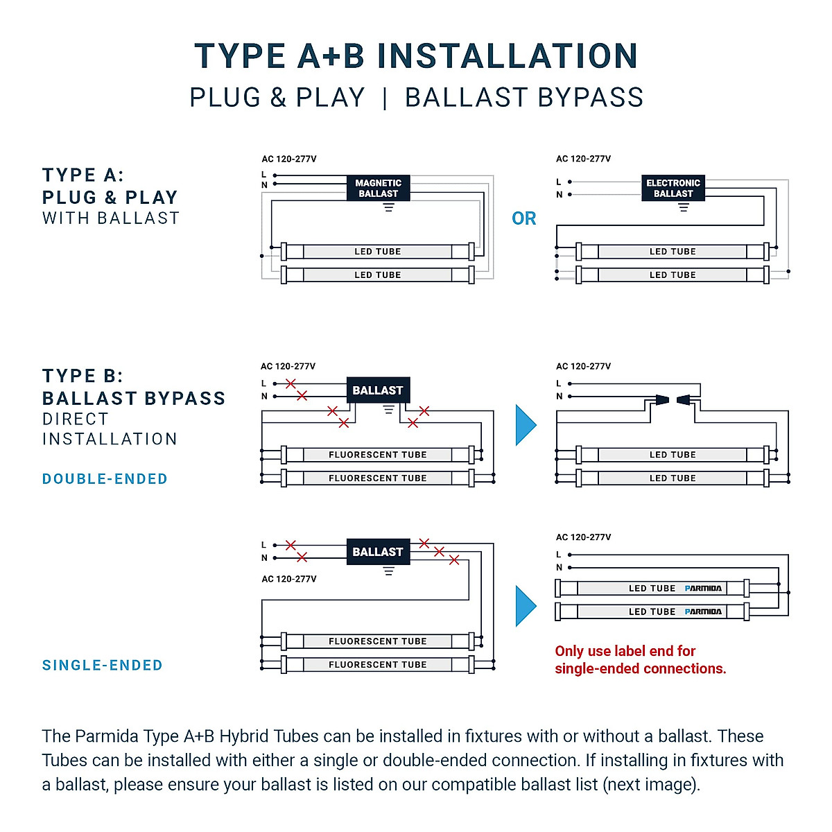 PARMIDA 20-Pack LED T8 Hybrid Type A+B Light Tube, 4FT, 18W (40W Replacement), Clear Cover, Single-End OR Dual-End Powered, 5000K (Day Light), 2200lm, Works with/Without Ballast, UL