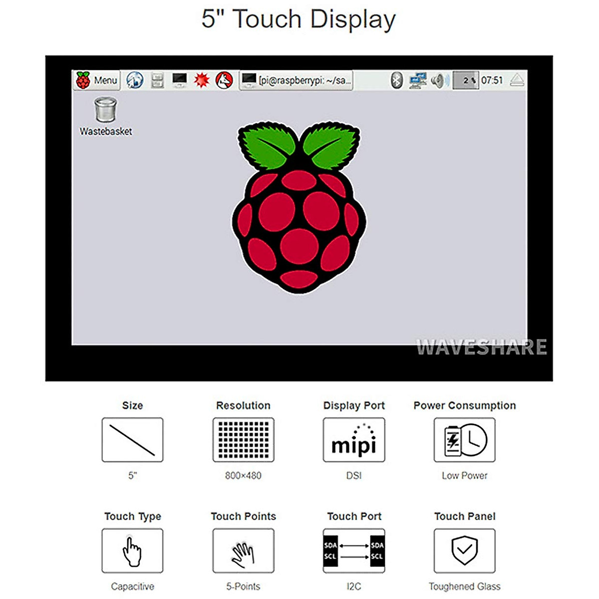 waveshare Compatible with Raspberry Pi Touchscreen 5inch DSI LCD Touch Screen 800×480 Resolution TFT LCD Display Monitor for Raspberry Pi Model 4B/3B+/3A+/3B/2B/B+/A+,CM3/3+