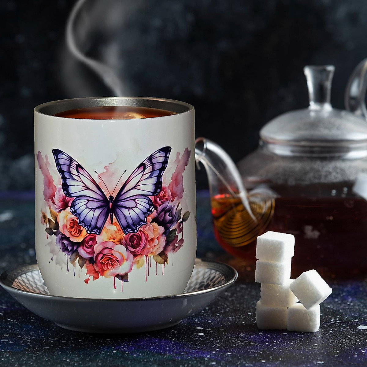 Tea and Honey Gift Set: Tea Gift Basket with 18 Tea Bags, Sugar, and Honey Jar, Tea Gift Set with Tumbler, Variety Tea Sampler for Women and Men Tea Lovers, Get Well Soon, Sympathy & Self Care Package (Butterfly)