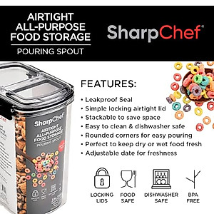 SharpChef 4PC Airtight Food Storage Container with with Dispenser, Easy locking lids, Date Indicator, Leakproof, Kitchen Pantry Organization and Storage, Cereal, Flour & Sugar, Rice, BPA-Free(2,1.55L)