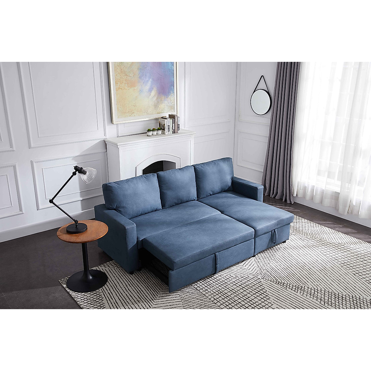 ATY Reversible Sectional Sleeper Sofa with Storage Chaise, L Shape Couch with Pull-Out Bed, Living Room Furniture, 85", Blue
