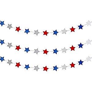 Frienda Red White Blue Star Streamers Patriotic 4th of July Decorations Sparkling Star Garland Hanging Decorations, 3 Pack