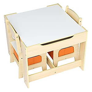 TROOPVILLE Kids Table and Chair Set 3 in 1 Wooden Toddler Table and Chair Set Toddler Activity Table Children's Wooden Table and Chair Set with Two Storage Bags 1 Table and 2 Chairs (Wood)