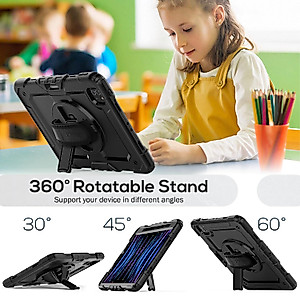 Timecity Case for iPad Pro 11 inch (1st, 2nd, 3rd, 4th Generation), Heavy Duty Rugged Protective Case with Built-in Screen Protector, Pencil Holder, 360 Rotating Stand&Handle, Shoulder Strap- Black