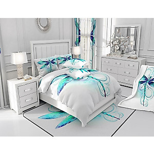 Teal Dragonfly Duvet Cover Queen Size,Nature Flying Animals Comforter Cover with 2 Pillowcase for Teens Adults,Kids Abstract Flowers Bedding Set,Bohemian Breathable 3 Pieces Decorative Bed Cover