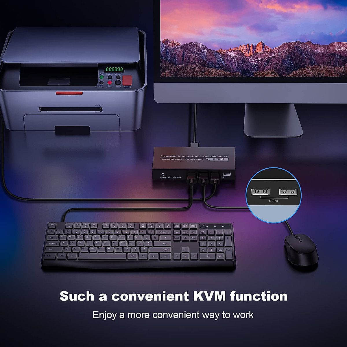 KVM Switch HDMI 2 Port, JCHICI 4K@60Hz USB KVM Switch for 2 Computers Share 1 HD Monitor and a Set of Keyboard Mouse Printer U Disk