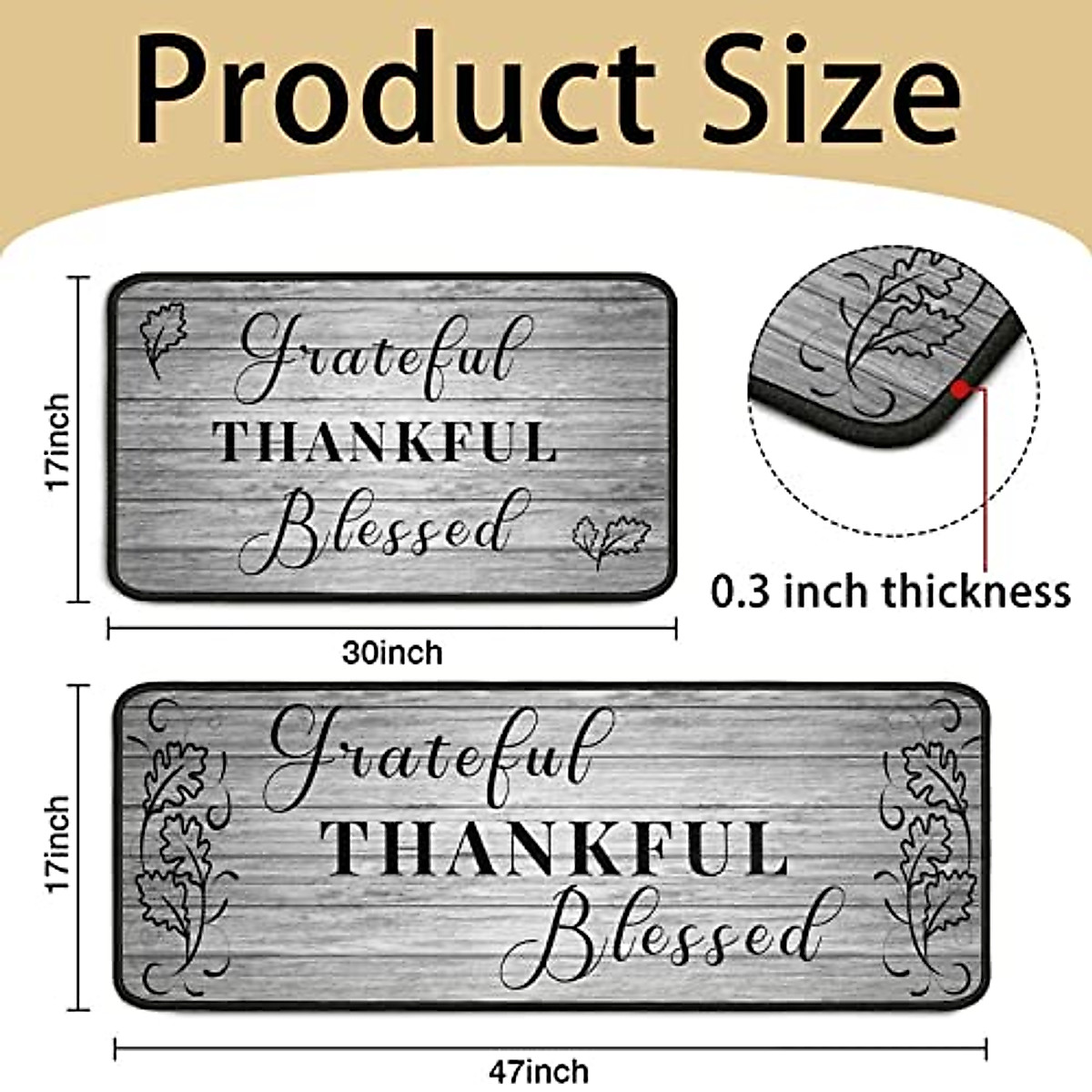 Grateful Thankful Blessed Kitchen Rugs Set of 2 Grey Non-Slip Kitchen Rug and Mat Cushioned Comfort Kitchen Standing Rug for Kitchen Floor Farmhouse Thanksgiving Decor 17"x47"+17"x30"