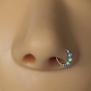 Handmade Silver Single Teany Tiny 8MM Nose Ring Cartilgae Helix Piercing Hoop Earring with Trio Blue Opal, 925 Sterling Silver 8MM Thin 22Gauge Hoop for women, By Miya Jewelry Creations