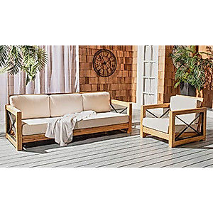 Safavieh CPT1010A Couture Curacao Brazilian Teak Outdoor 3-Seat Patio Sofa, Natural/White