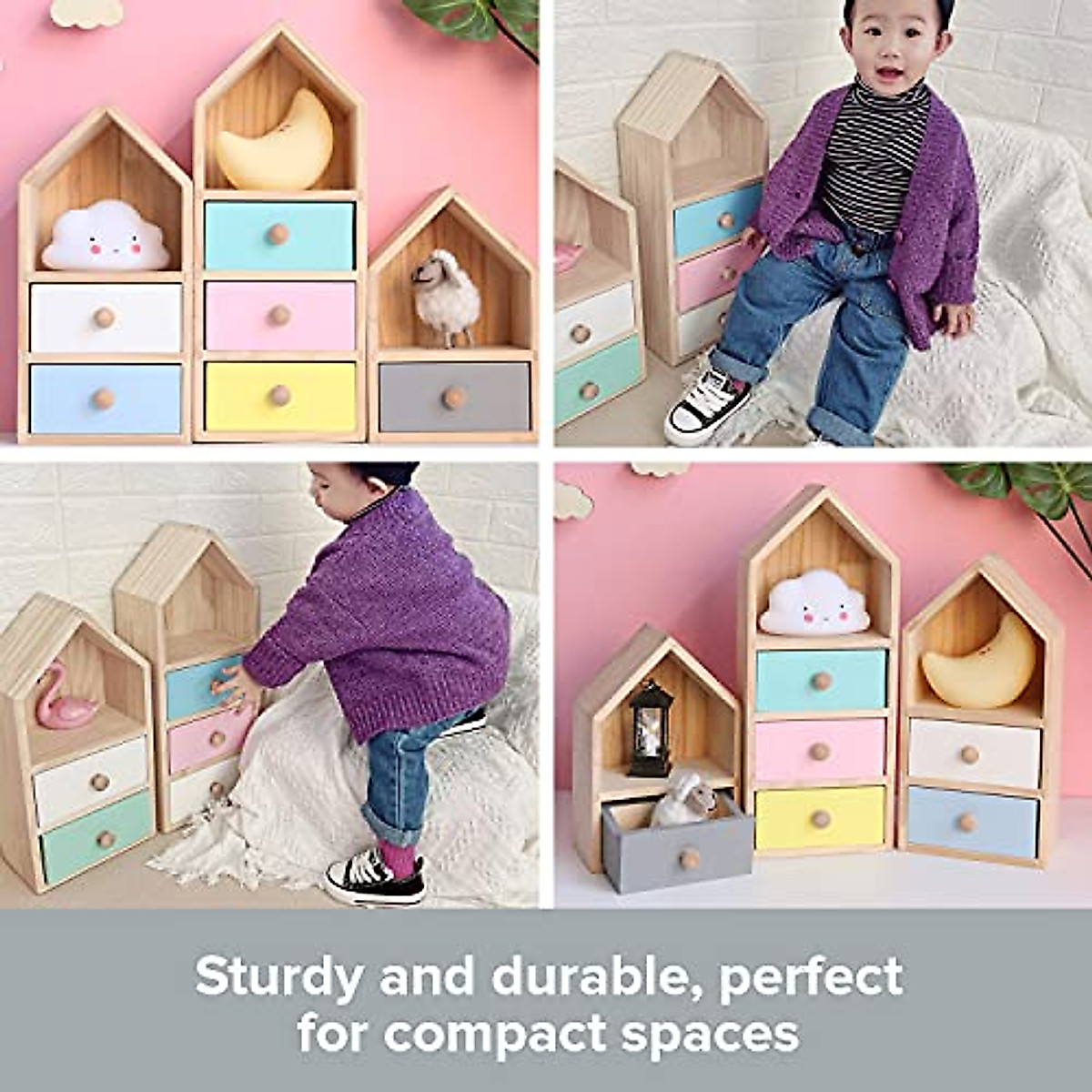 House Shaped Display Shelf with 1 Drawer - Wood Dresser Floating Shelf - Kids Bedroom Furniture - Desk Decor Book Shelf - Nursery Decor - Cute Storage Shelves for Bedroom - 1 Tier 7.9x1.8x11.4 in