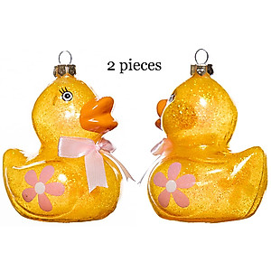 Set of 2 Hand Blown Glass Rubber Duck Ornament for Christmas Tree, Cute Hanging Glass Rubber Duck Christmas Ornament
